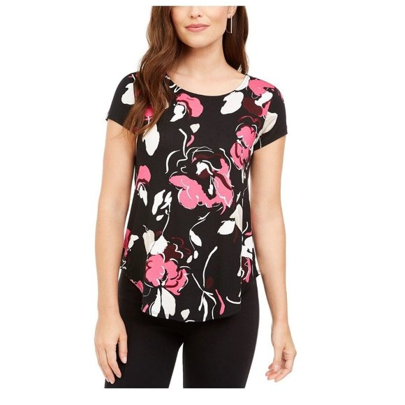 Alfani | Tops | Alfani Womens Petite Pp Pink Black Floral Printed Short ...